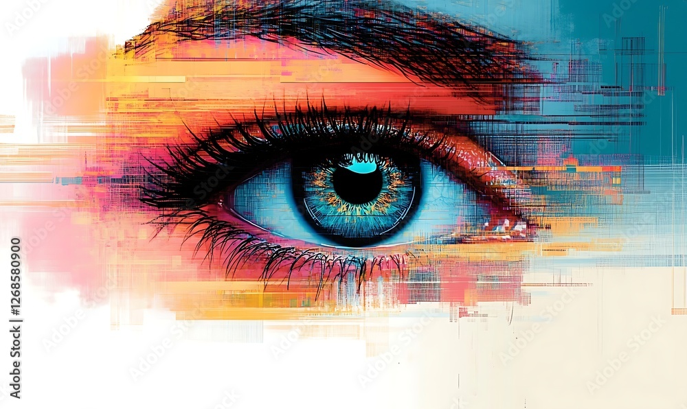 Artistic composition of blue human eye with digital glitch effect in a ...