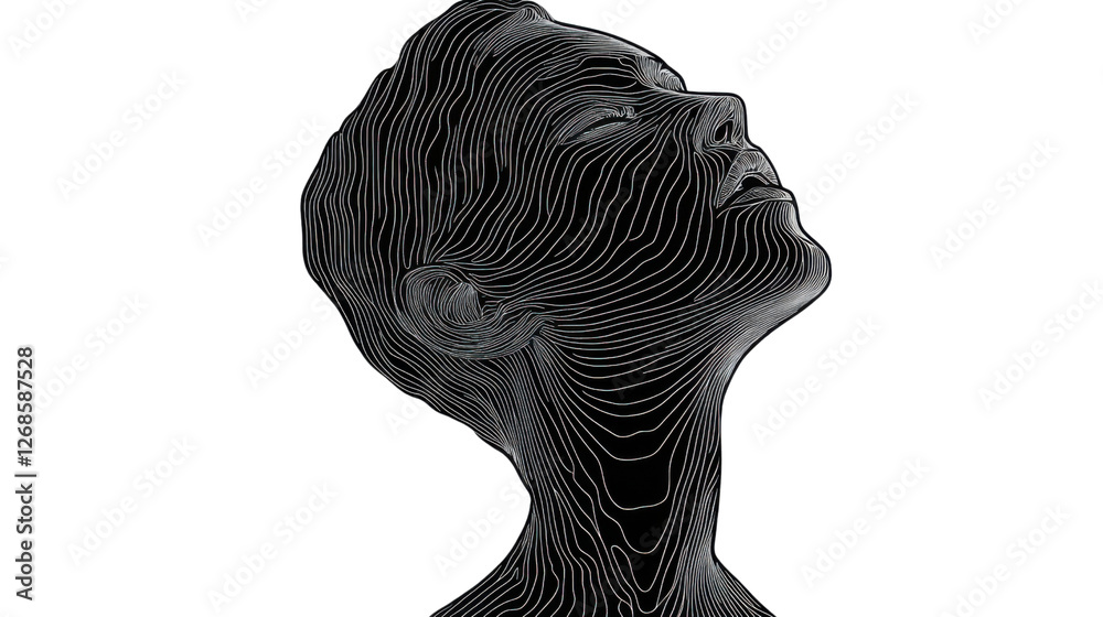 Woman face contour lines drawing looking up with transparent background ...