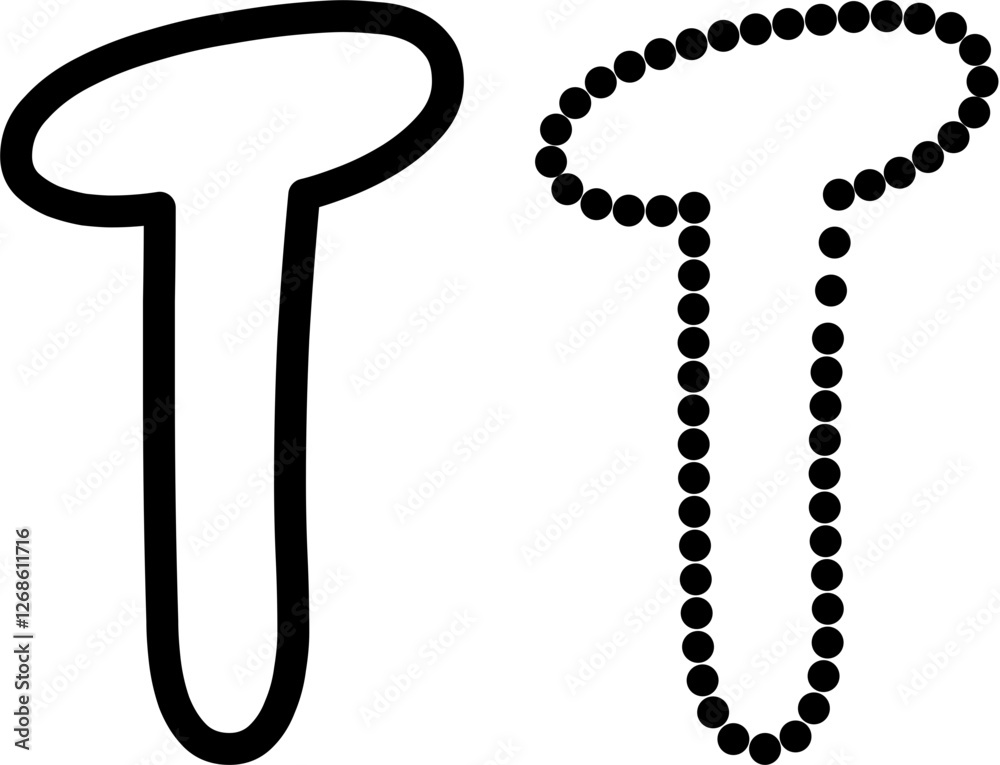 Vector illustration of uppercase letter T in bold outline and dashed ...