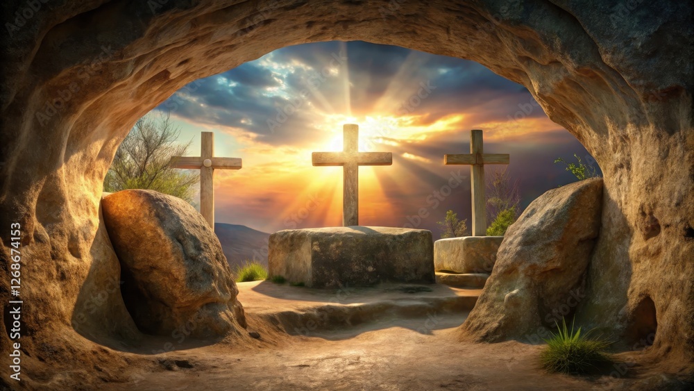 Ancient Christian symbolism of the empty tomb with three crosses and a ...