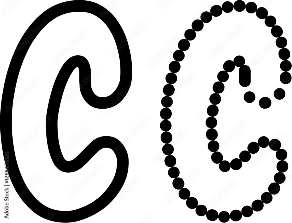 Vector illustration of lowercase letter C in bold outline and dashed ...