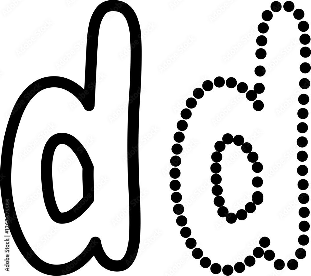 Vector illustration of lowercase letter D in bold outline and dashed ...