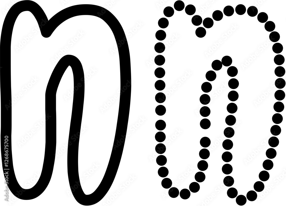 Vector illustration of lowercase letter N in bold outline and dashed ...