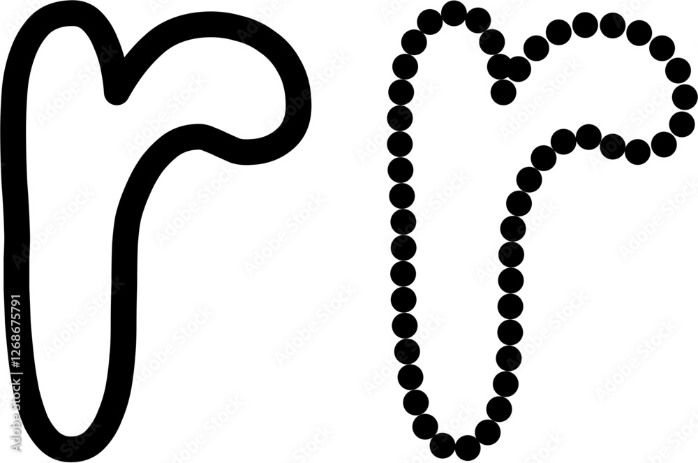 Vector illustration of lowercase letter R in bold outline and dashed ...