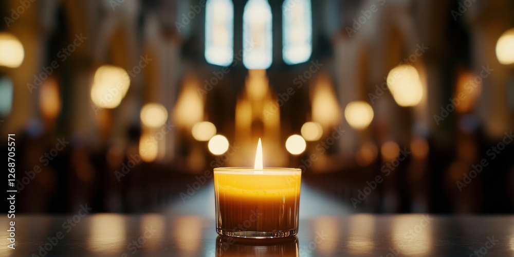 religious candlelight display, one candle in focus with a blurred ...