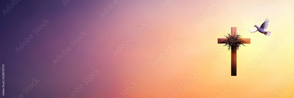 religious symbolism, a modern background with a christian cross, crown ...