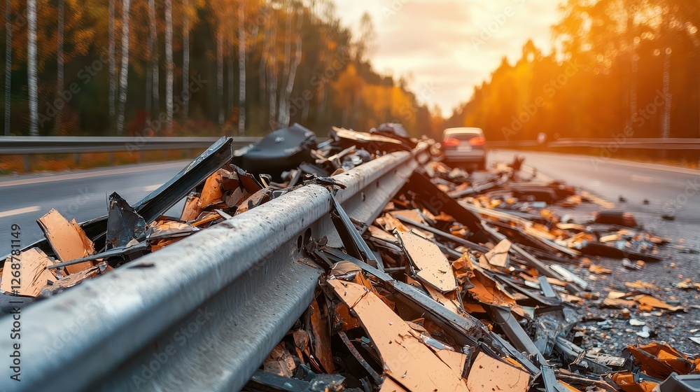 Accident Damaged Barrier Concept, Vehicle Accident Debris on Roadside ...