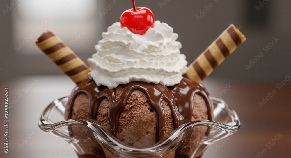 Delicious Chocolate Ice Cream Sundae with Whipped Cream and Cherry ...