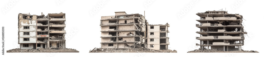 Three abandoned high-rise buildings in various stages of decay and ...