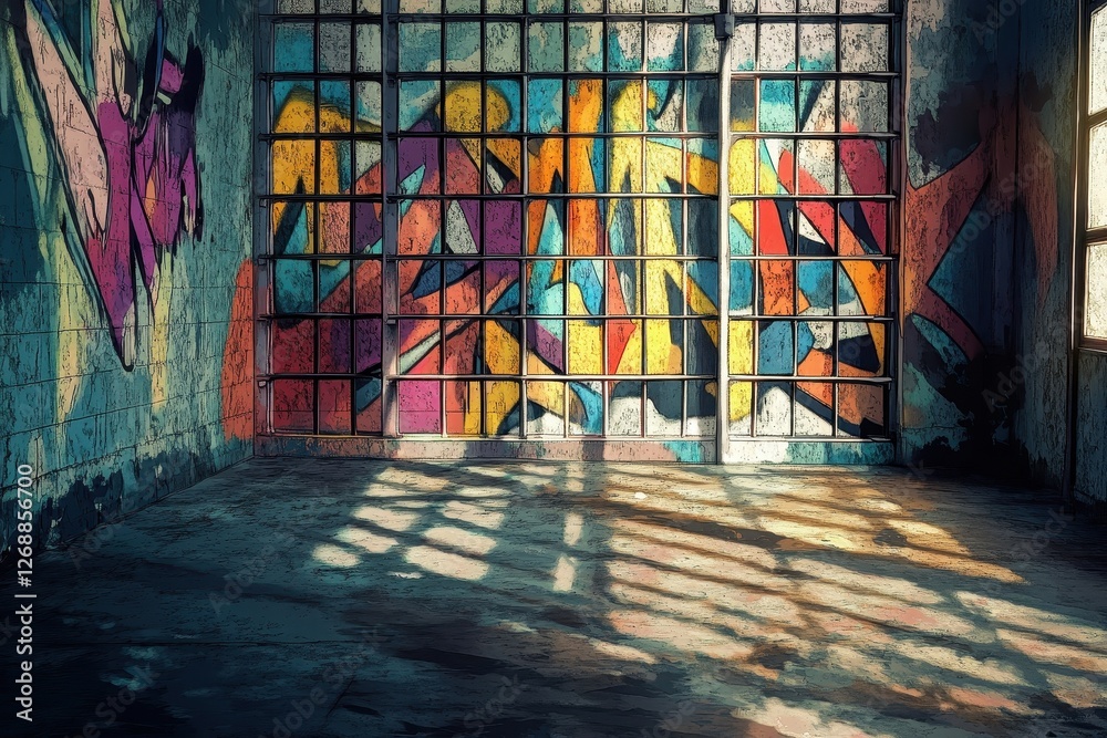Graffiti adorns walls in an abandoned room with barred window Stock ...