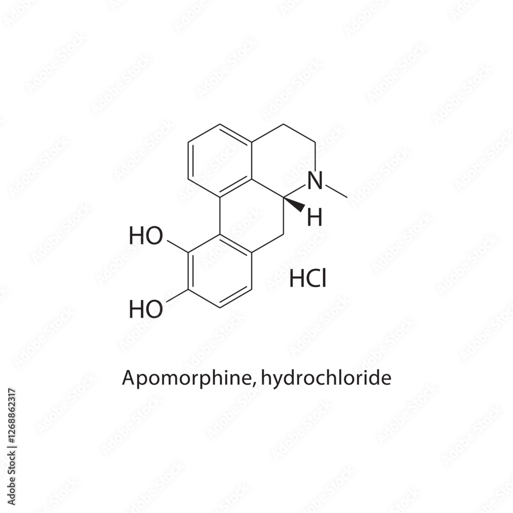 Apomorphine hydrochloride skeletal structure.Dopamine agonist compound schematic illustration ...