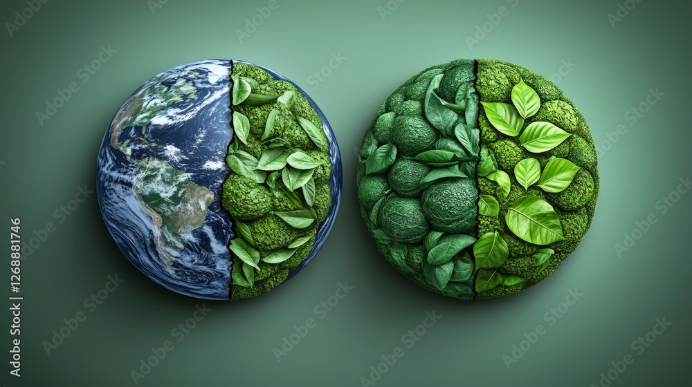 Two earth globes with leaves representing reduce co2 emissions concept ...