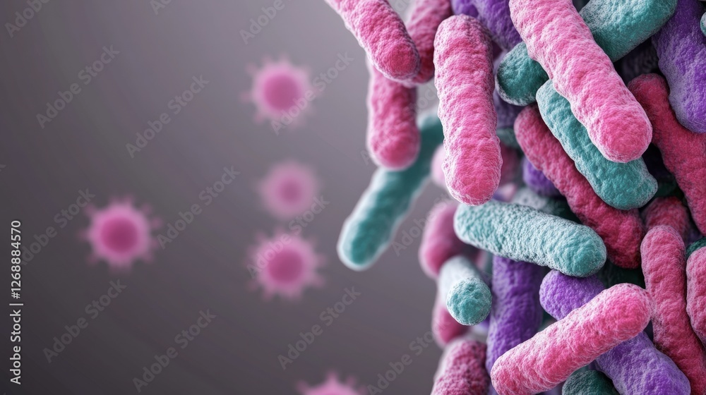 Microscope closeup view of pink and blue bacteria cells and microbes in ...