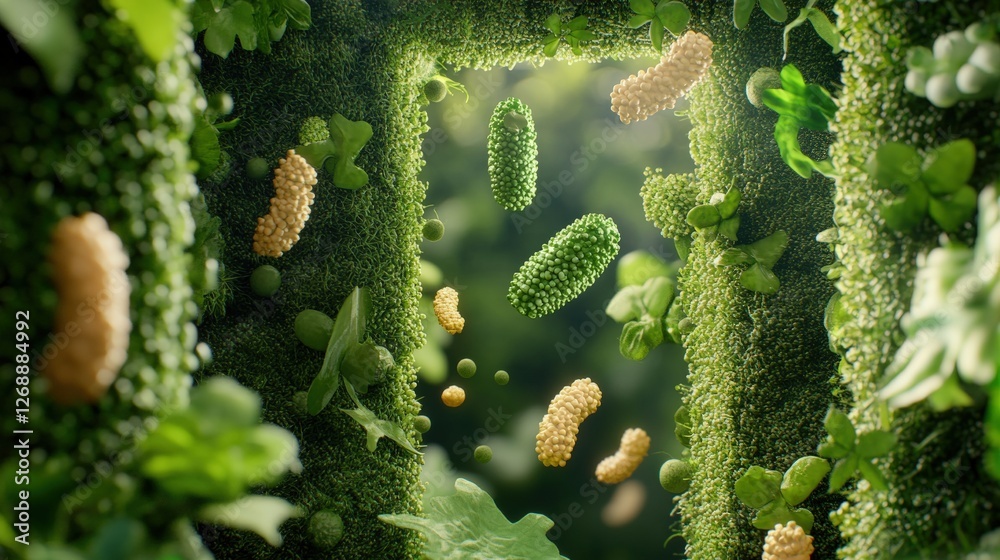 Microscopic view of broccoli florets and probiotic bacteria in ...