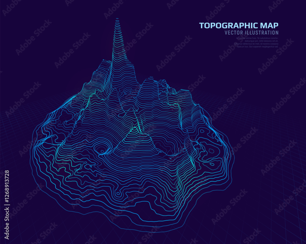 3D topographic map. Geographic contour map with elevation lines. Detailed terrain visualization ...