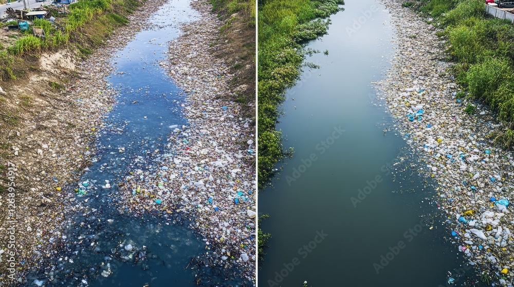 A before-and-after image of a polluted river cleaned of plastic waste ...
