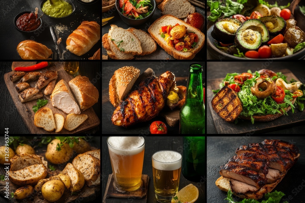 Vibrant food collage featuring breads, chicken sandwiches, grilled meat ...