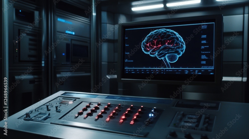 Brain signal decoding workstation with a high-tech EEG scanner and a live neural activity feed ...