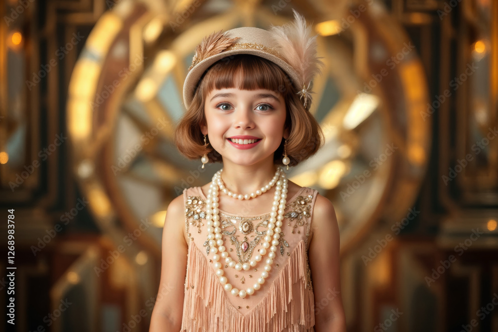 Charming little girl in 1920s flapper outfit smiles joyfully against an ...