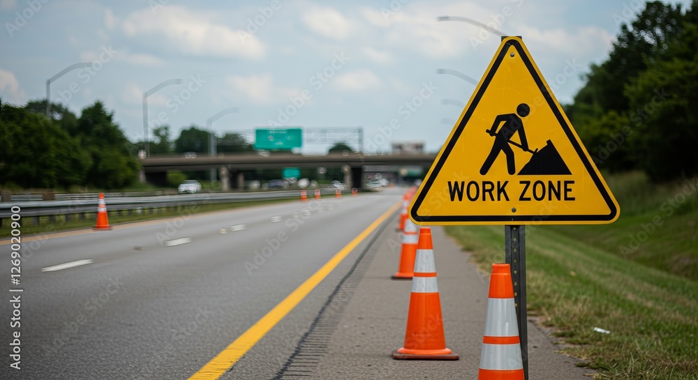 Road construction work zone with traffic safety cones on highway Stock ...