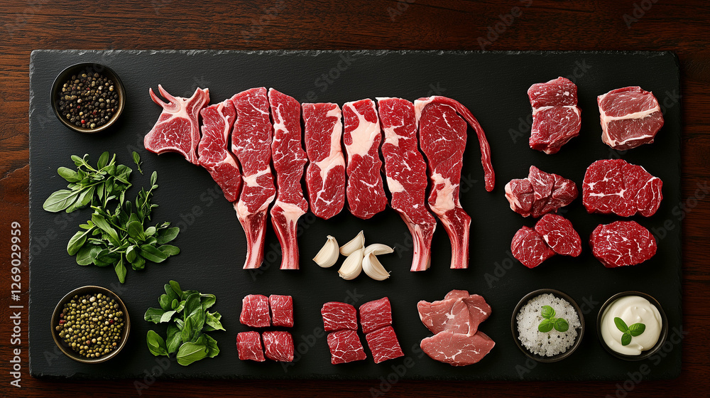 Varios cortes de carne ternera fresca forman la silueta de una vaca ...