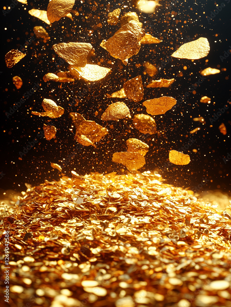 Gold flakes and coins are scattered and floating above a pile of gold ...