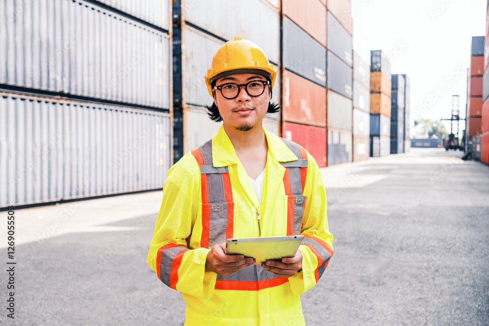Warehouse worker wearing a safety uniform and hard hat, using a tablet ...