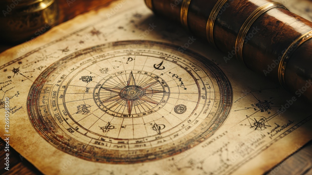 Vintage-style natal chart on aged parchment paper with traditional ...