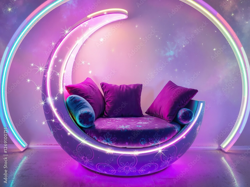 Cozy moon-shaped seating with soft cushions and twinkling lights on ...