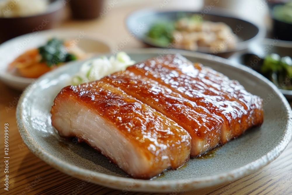 slice of glazed pork belly, showing off its rich color and moist ...