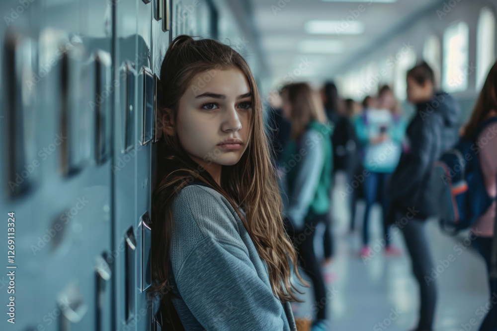 Lonely teenage girl standing by school lockers in hallway with other ...