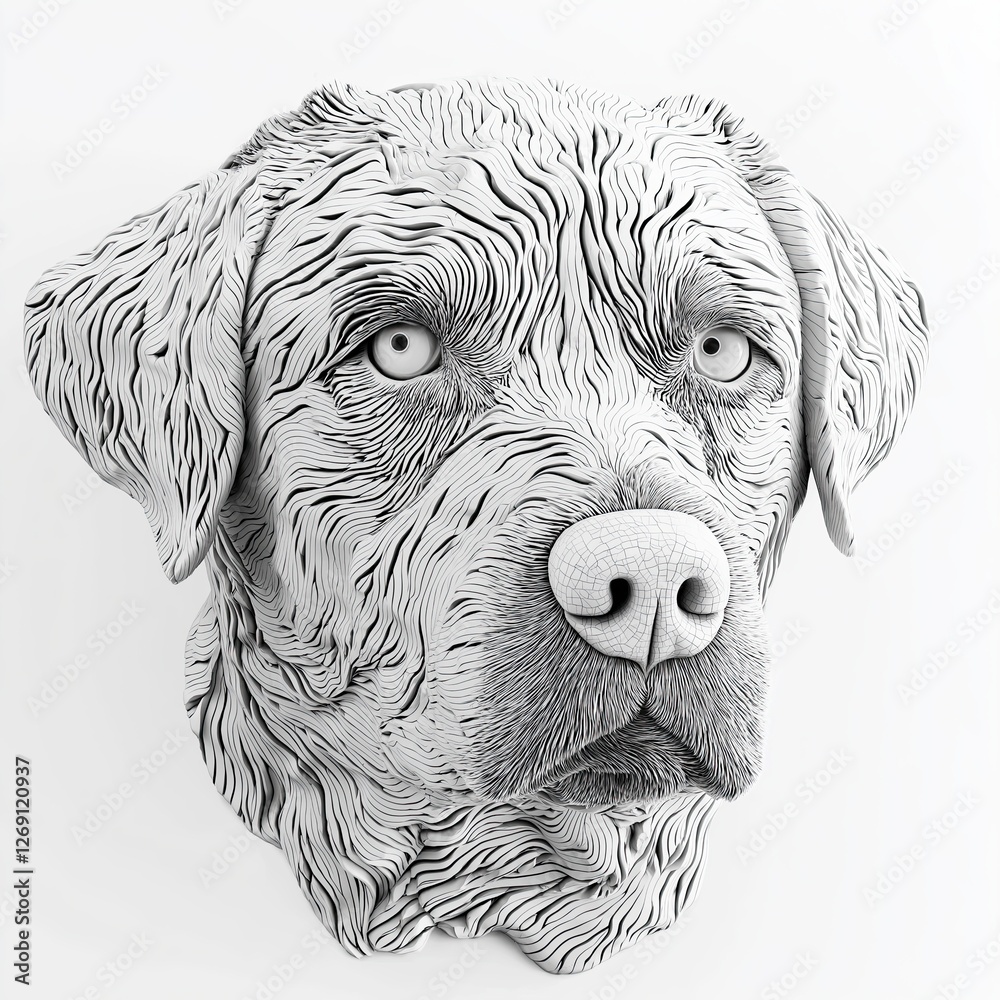 3D rendering is a black and white line drawing of a dog's face. The dog ...