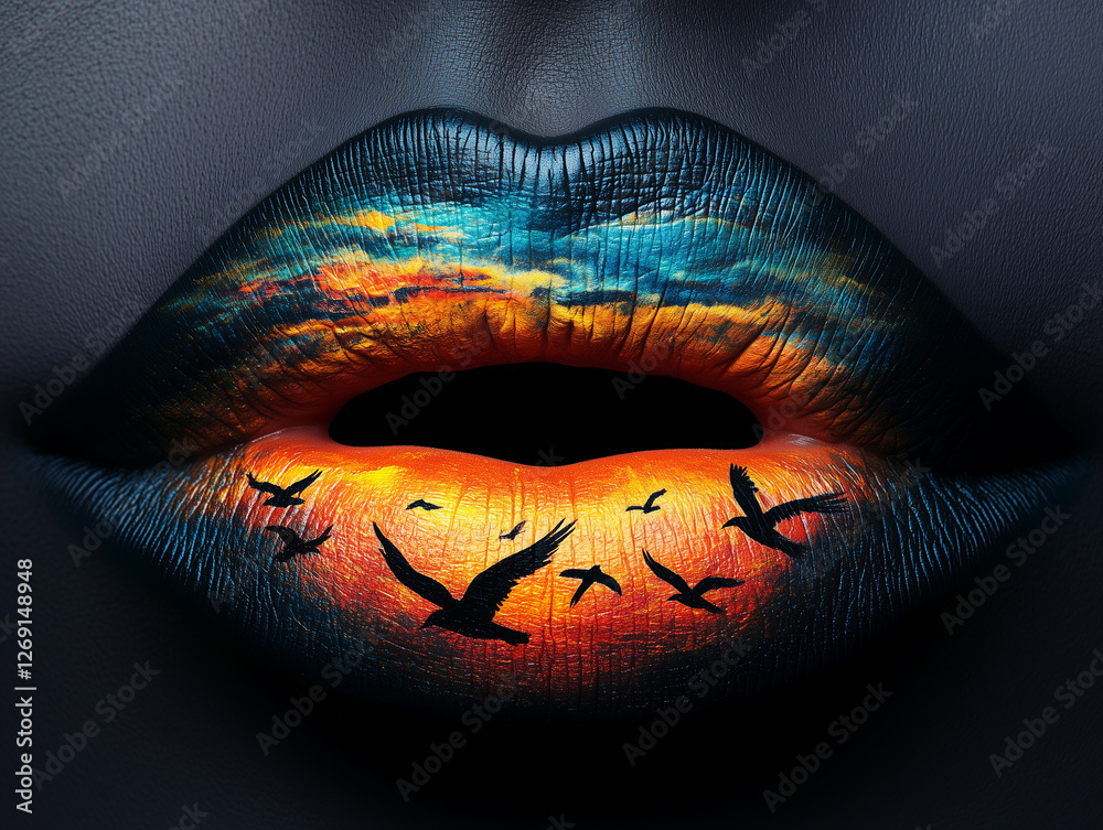 Beautiful female lips close with a colorful pattern of a flying birds ...