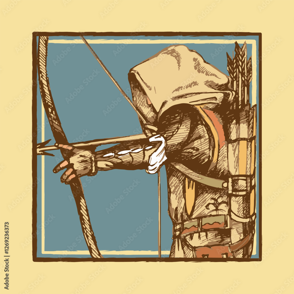 Hunter in medieval clothing with a bow and quiver of arrows. Picture in ...