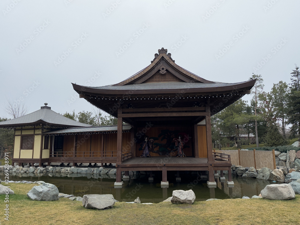 Traditional Japanese Noh theater stage with wooden architecture ...