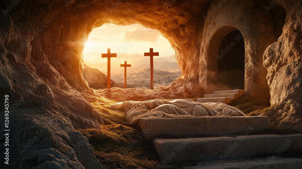 Stock-Foto „Half-open stone tomb,the tomb lies with shrouds scattered ...