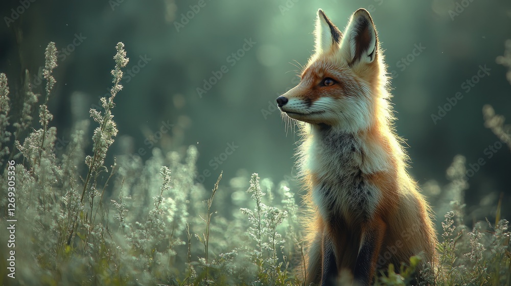 Red fox sitting in meadow sunrise, nature background, wildlife poster ...