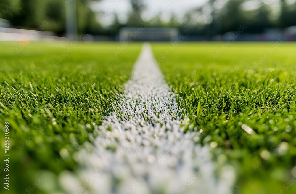 Soccer field close-up with a white boundary line on fresh green grass ...