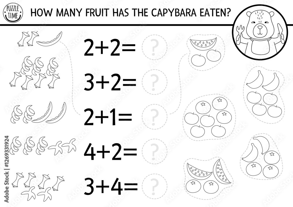 How many fruit black and white game with cute capybara. Capibara math ...
