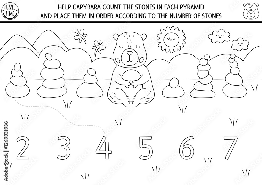 Match the numbers black and white capybara game with stone pyramids ...