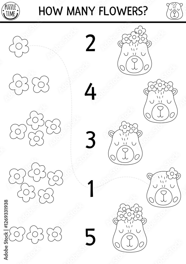 Match the numbers black and white game with capybara and flower wreath ...