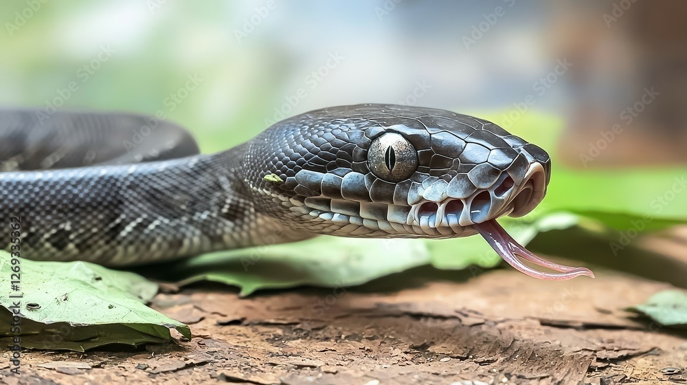 ball python conept. Snake with a forked tongue on leaves, showcasing ...