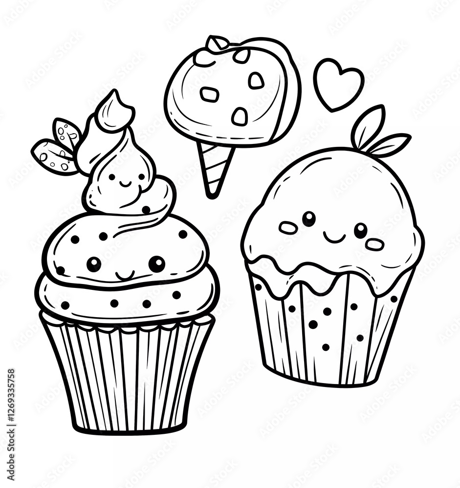 Cute, kawaii-style ice cream and cupcake coloring page for kids ...