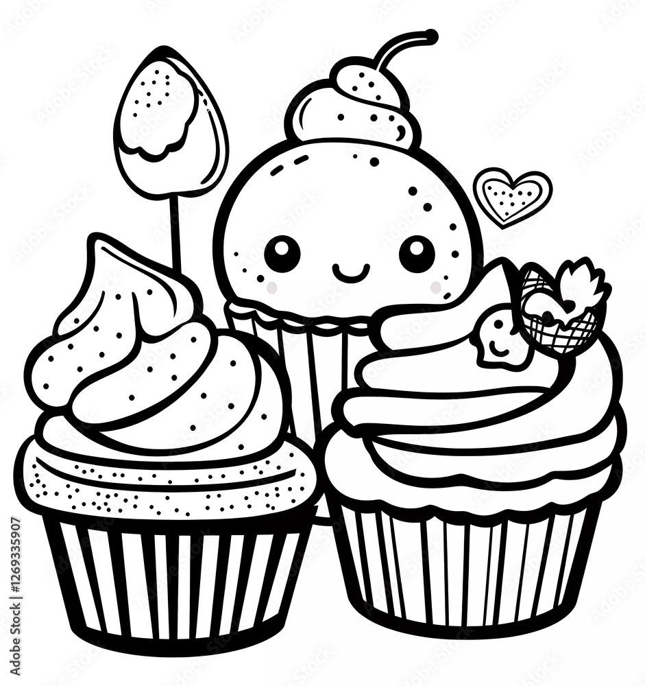 Ilustración de Stock Kawaii Ice Cream and Cupcakes Coloring Page for ...