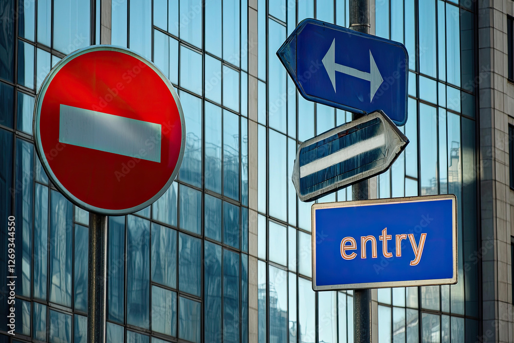Conflicting Directions No Entry Sign and Entry Sign on a Modern ...