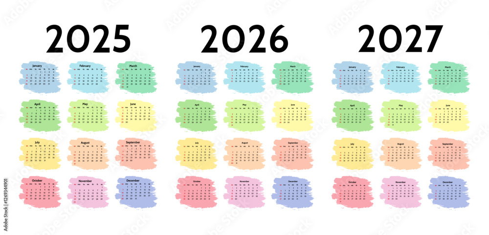 Set of calendars for 2025, 2026 and 2027 on a white background Stock ...