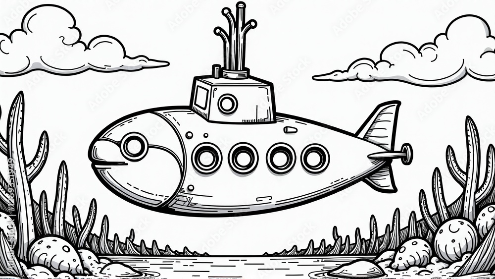 Cartoon Submarine Illustration, Black and White Line Art, Underwater ...