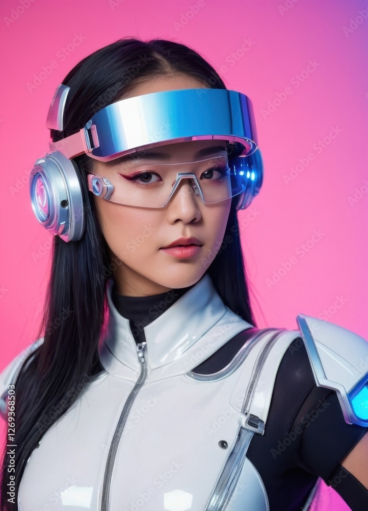 Asian woman, futuristic cyberpunk face, long black hair, wearing ...