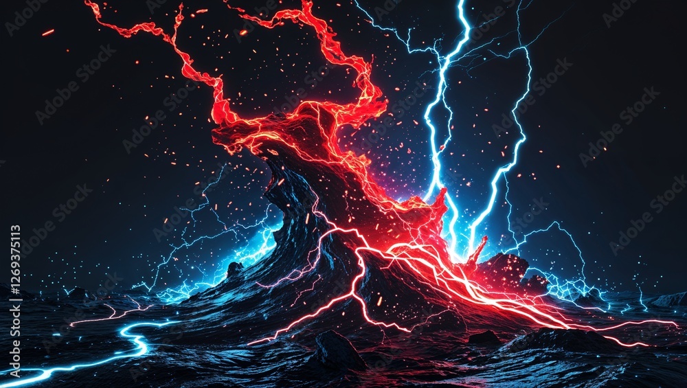 Abstract impact of molten lava red and celestial cyan glowing lightning ...