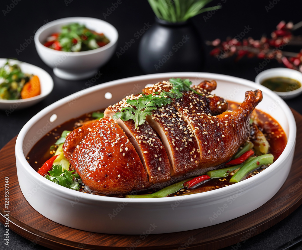 A whole spicy duck with dried chili segments, Sichuan peppercorns ...